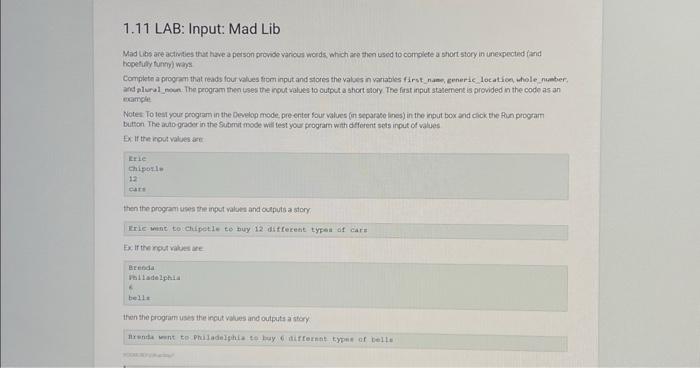 1.11 LAB: input:Mad libplease its needs to have the | Chegg.com