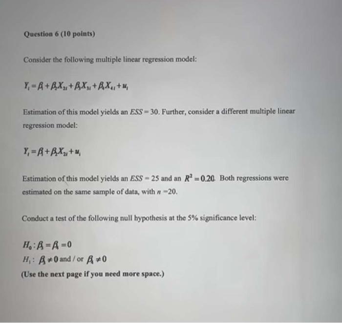 Solved Consider the following multiple linear regression | Chegg.com