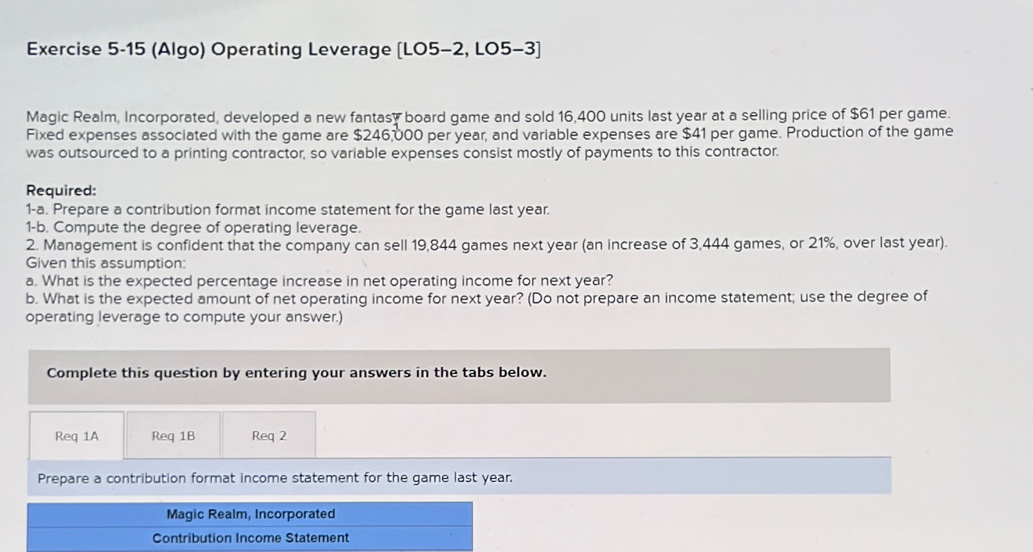 Solved Exercise 5-15 (Algo) ﻿Operating Leverage [LO5-2, | Chegg.com