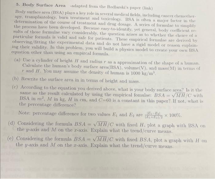 Solved 5. Body Surface Area -adapted from the Redlarski's | Chegg.com