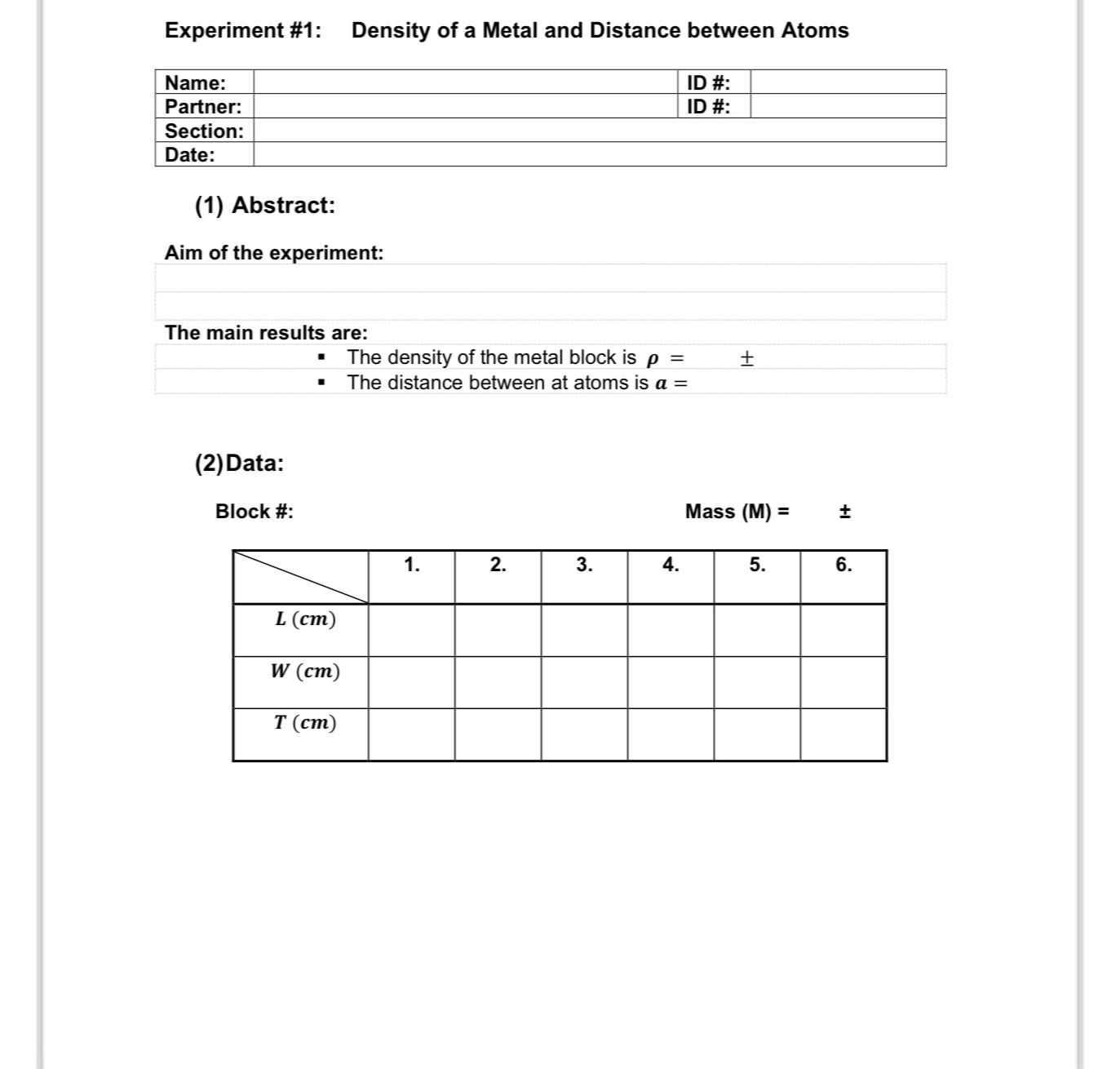 Experiment #1: Density of a Metal and Distance | Chegg.com