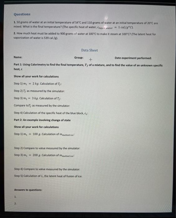 Solved Questions 1. 50 grams of water at an initial | Chegg.com