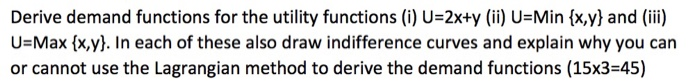 Solved Derive demand functions for the utility functions (i) | Chegg.com
