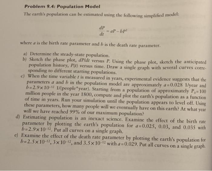 Problem 9.4: Population Model The earth's population | Chegg.com