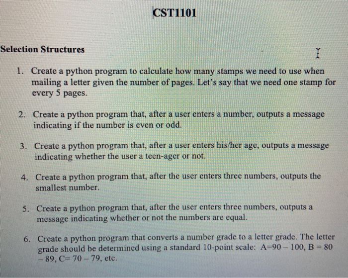 Solved CST1101 Selection Structures 1. Create a python | Chegg.com
