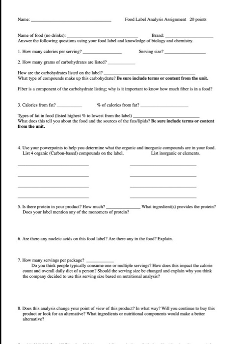 Solved Name: Food Label Analysis Assignment 20 points Brand: | Chegg.com