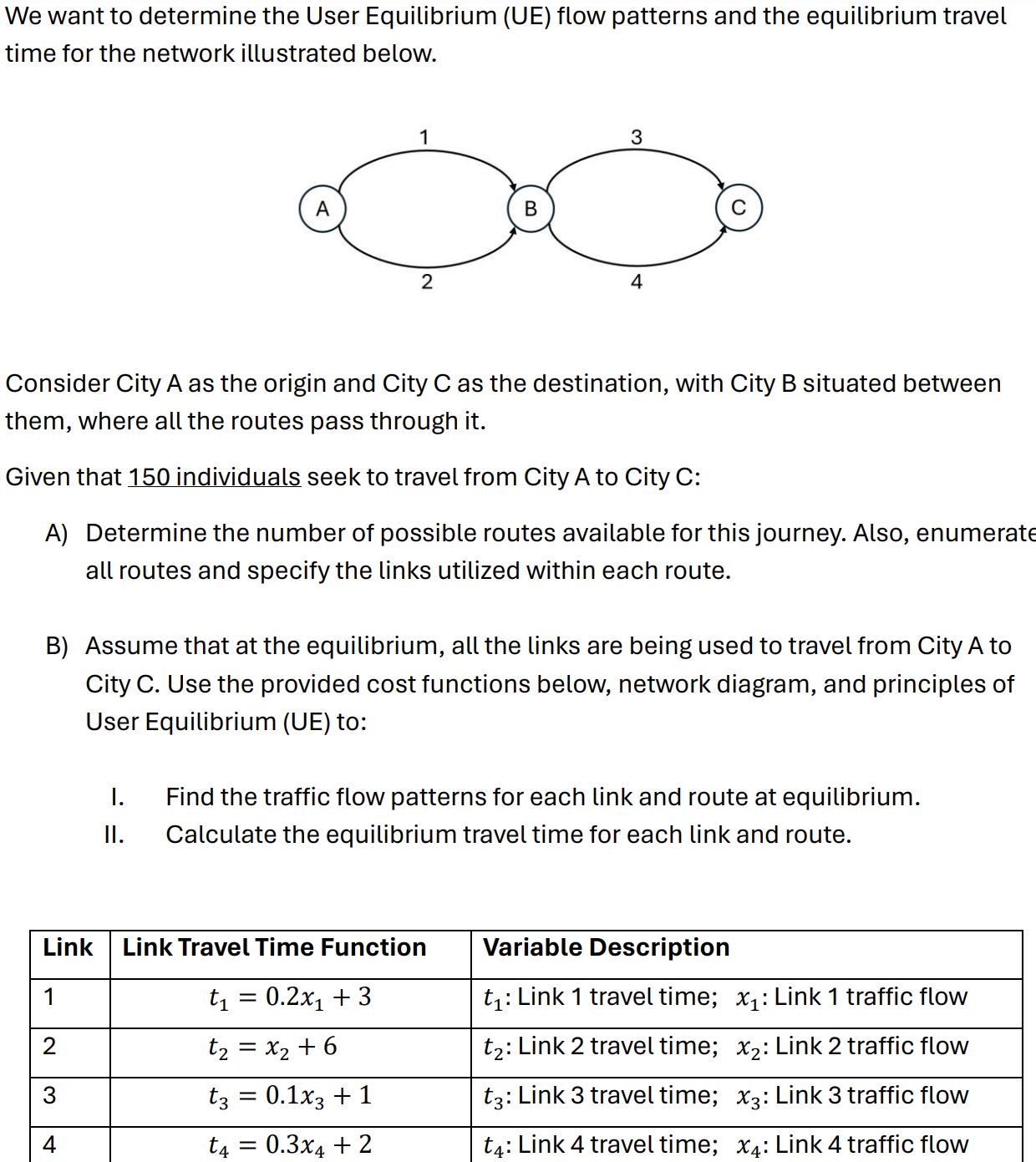 We want to determine the User Equilibrium (UE) ﻿flow | Chegg.com