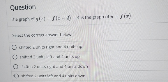 Solved QuestionThe graph of g(x)=f(x-2)+4 ﻿is the graph of | Chegg.com
