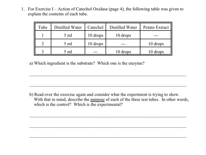 Solved 1. For Exercise I – Action of Catechol Oxidase (page | Chegg.com