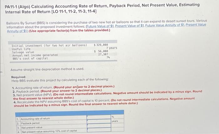 Solved PA11-1 (Algo) Calculating Accounting Rate of Return, | Chegg.com