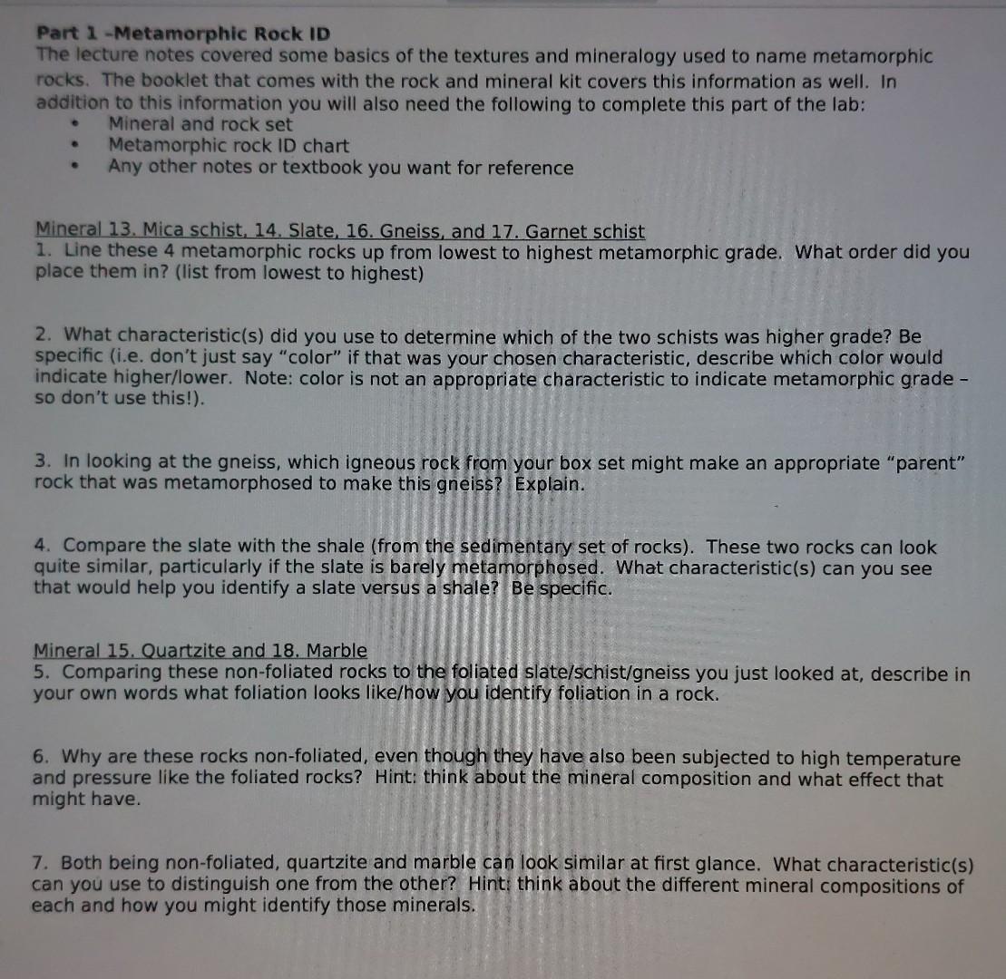 Solved Part 1 -Metamorphic Rock ID The lecture notes covered | Chegg.com