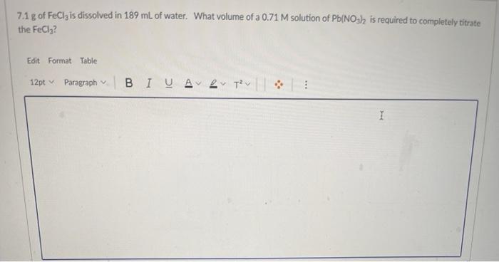 Solved 7.1 g of FeCl3 is dissolved in 189 mL of water. What | Chegg.com