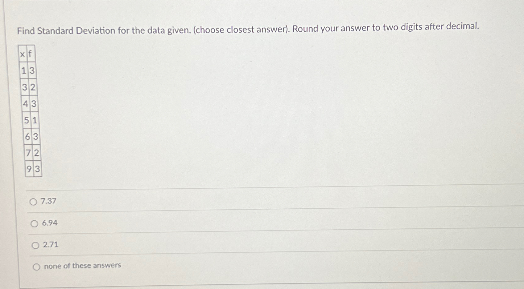 Solved Find Standard Deviation for the data given. (choose | Chegg.com