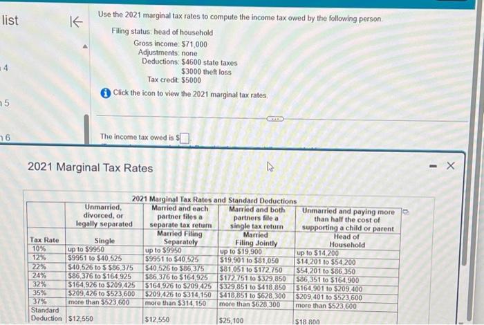 Solved Use the 2021 marginal tax rates to compute the income | Chegg.com