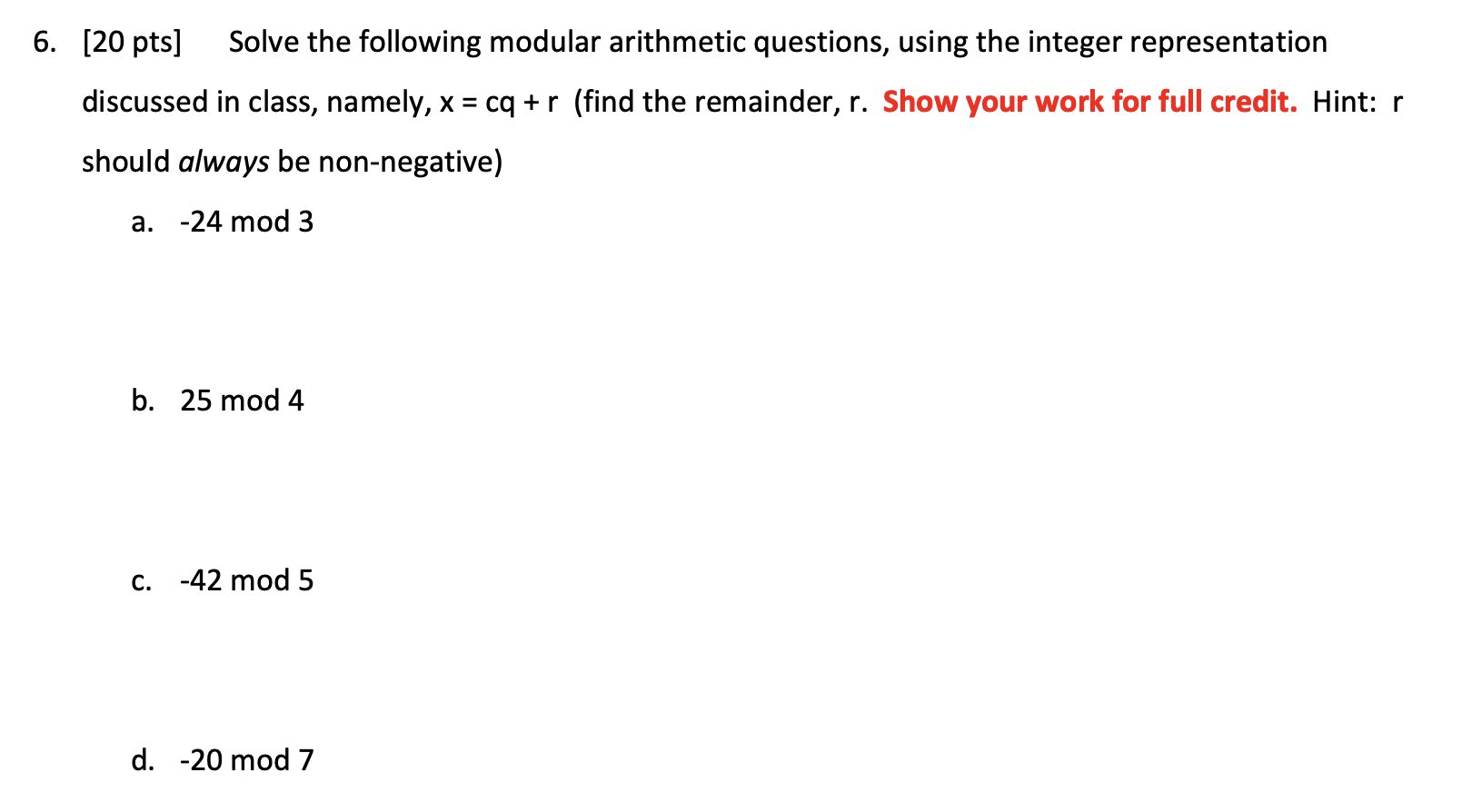 Solved [20 ﻿pts] ﻿Solve the following modular arithmetic | Chegg.com
