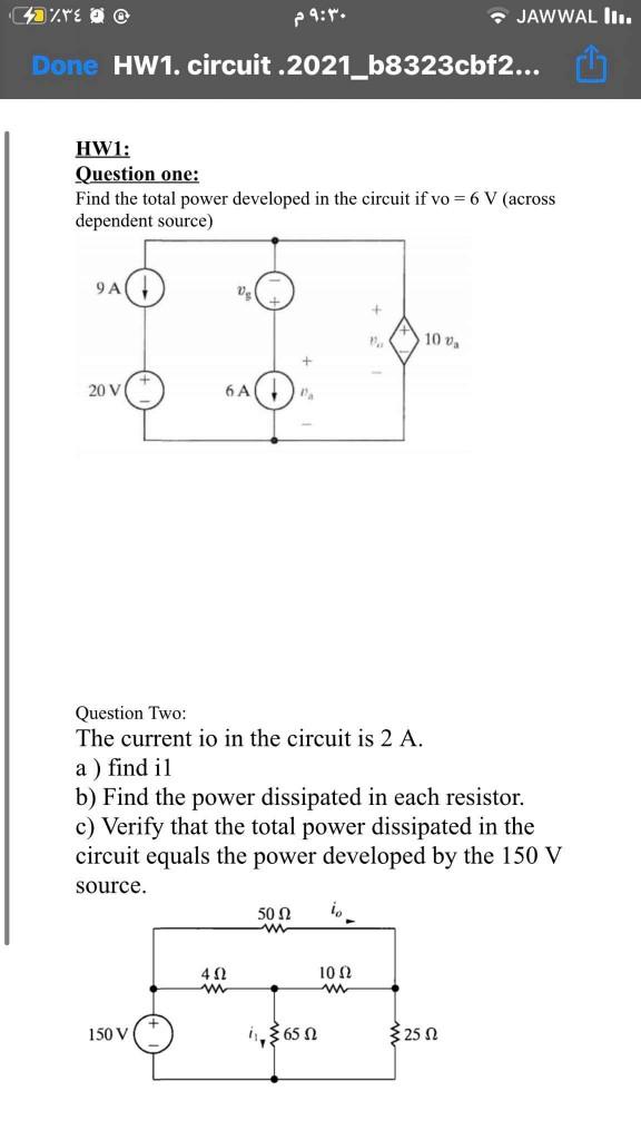 Solved 4734 @ ۹:۳۰ م JAWWAL Ilı. Done HW1. circuit | Chegg.com