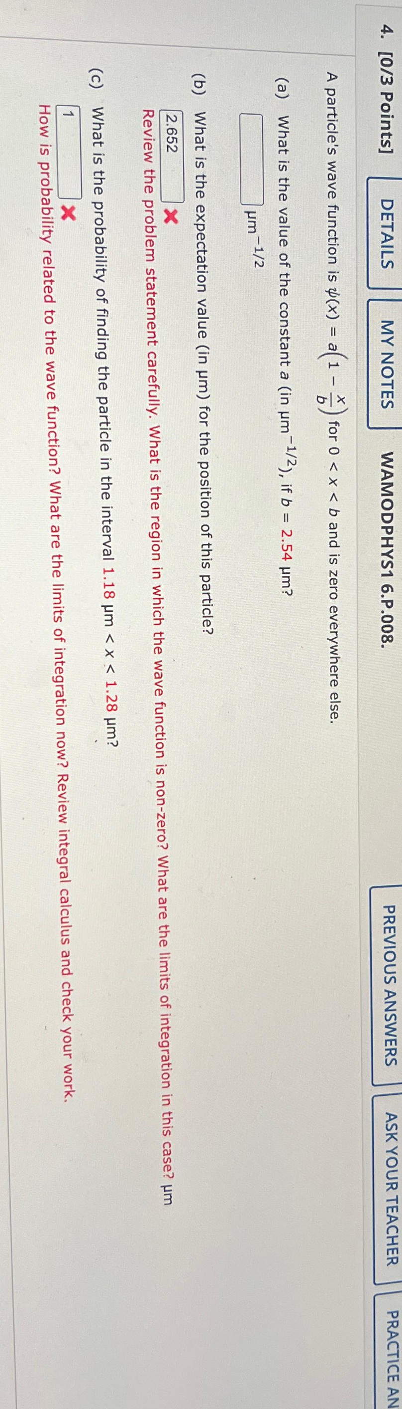Solved [0/3 ﻿Points] q,WAMODPHYS1 6.P.008.A particle's wave | Chegg.com