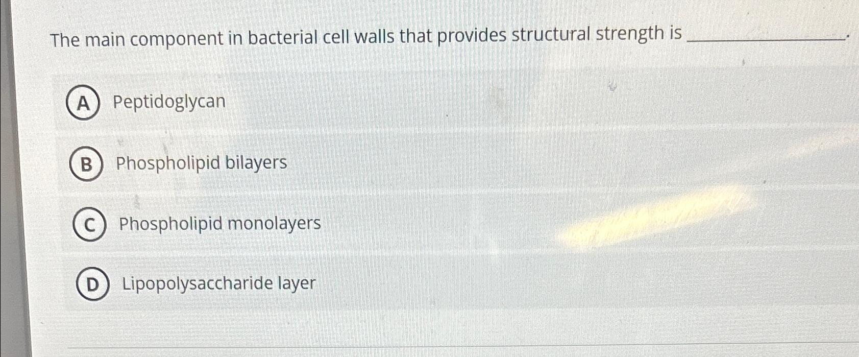 Solved The main component in bacterial cell walls that | Chegg.com