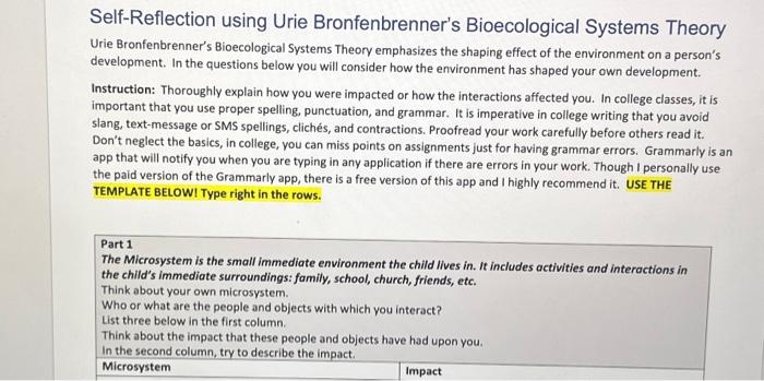 Solved Self-Reflection using Urie Bronfenbrenner's | Chegg.com