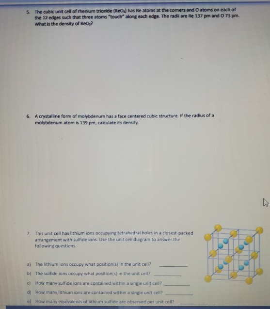 Solved 5. The cubic unit cell of rhenium trioxide (Reo) has | Chegg.com