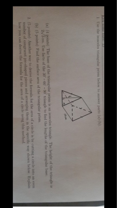 Solved 1. Use the isosceles triangular prism below to answer | Chegg.com