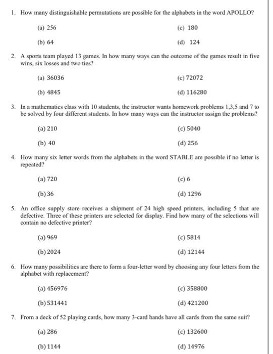 Solved 1. How many distinguishable permutations are possible | Chegg.com