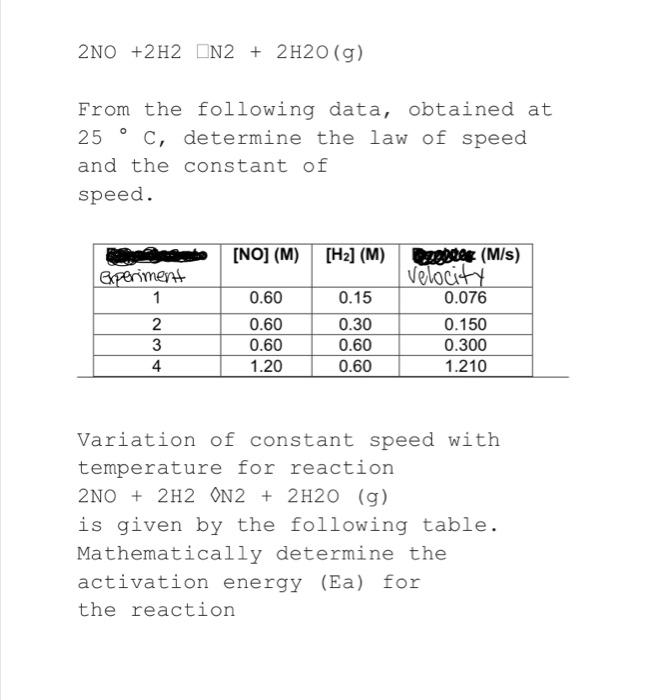 Solved 2NO+2H2 N2 + 2H20 (g) From the following data, | Chegg.com