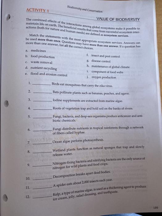 Solved ACTIVITY 1 Biodiversity and Conservation VALUE OF | Chegg.com