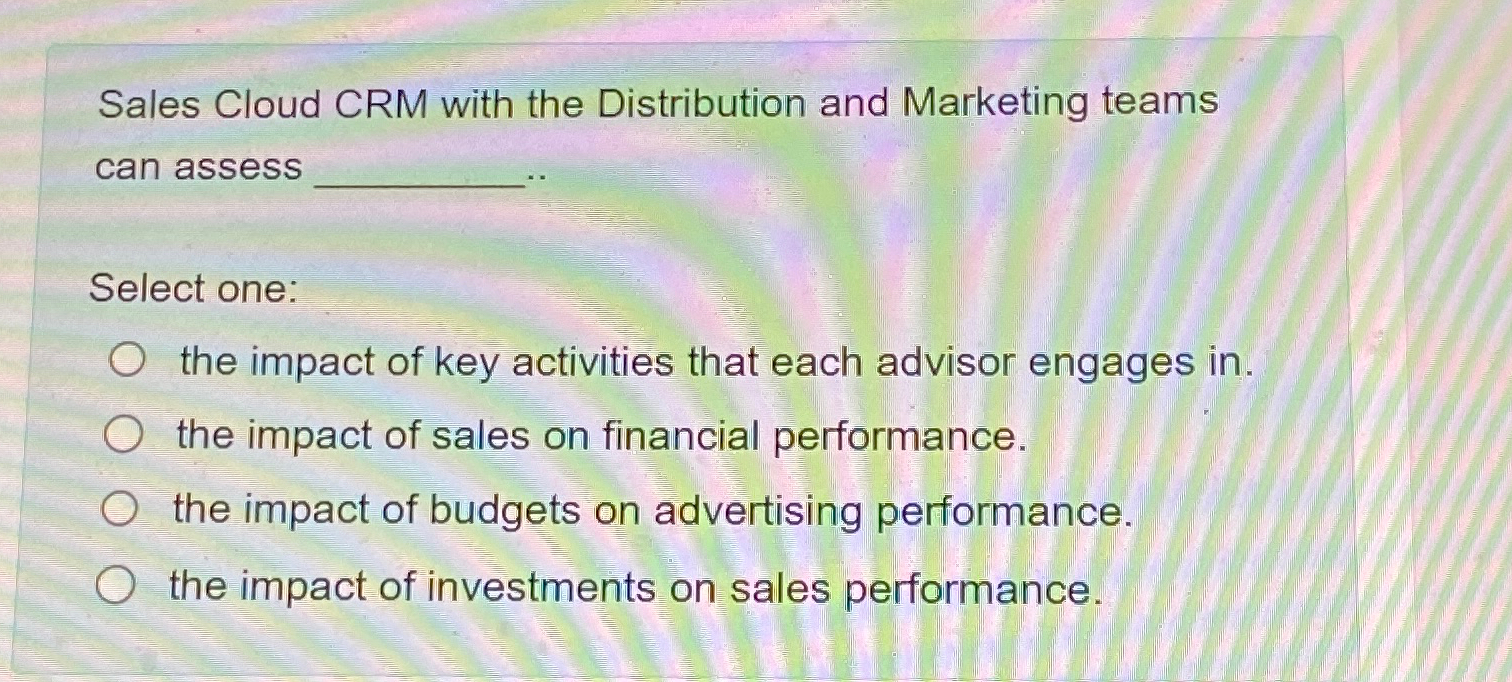 Solved Sales Cloud CRM with the Distribution and Marketing | Chegg.com