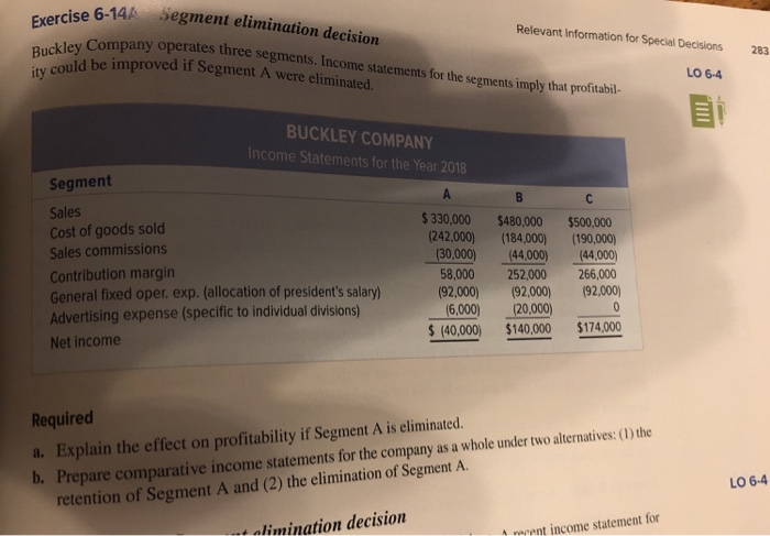 Solved Exercise 6-14A Segment elimination decision Buckley | Chegg.com