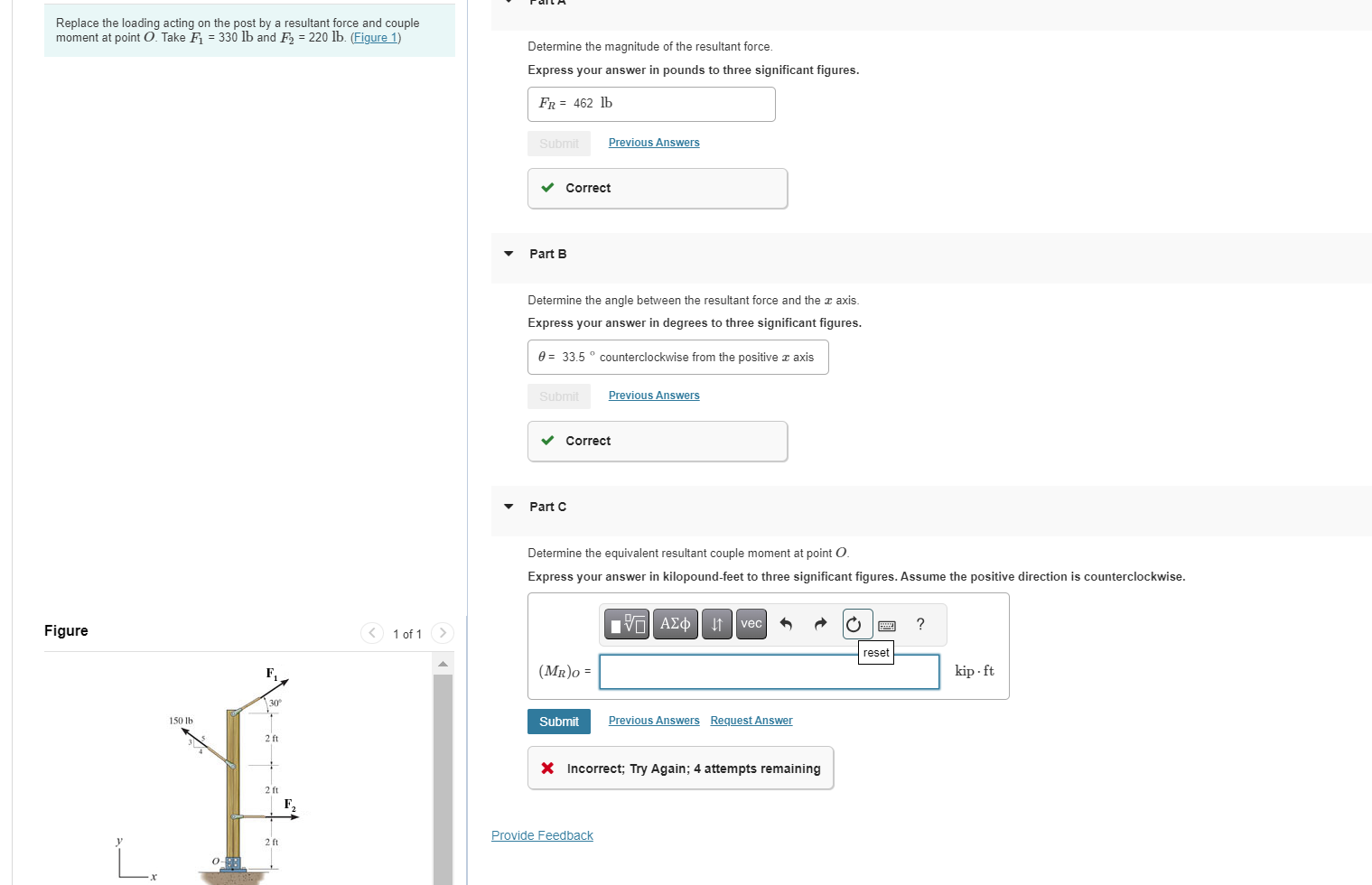 Solved Replace the loading acting on the post by a resultant | Chegg.com