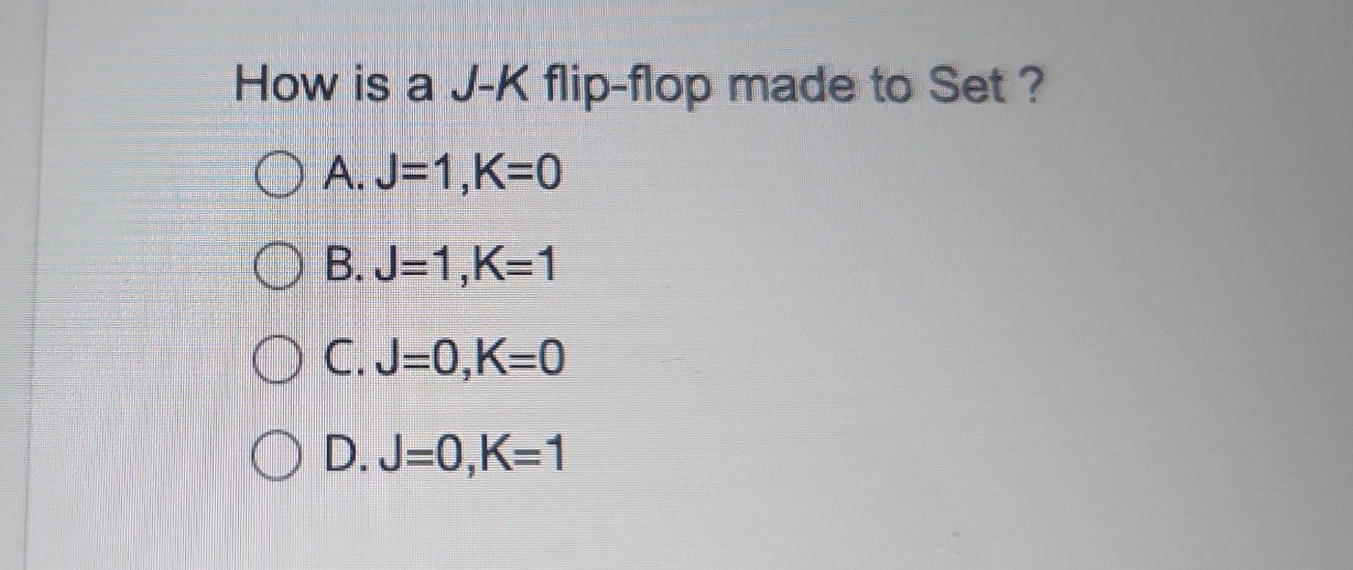 Solved How is a J-K flip-flop made to Set ? A. J=1, K=0 B. | Chegg.com
