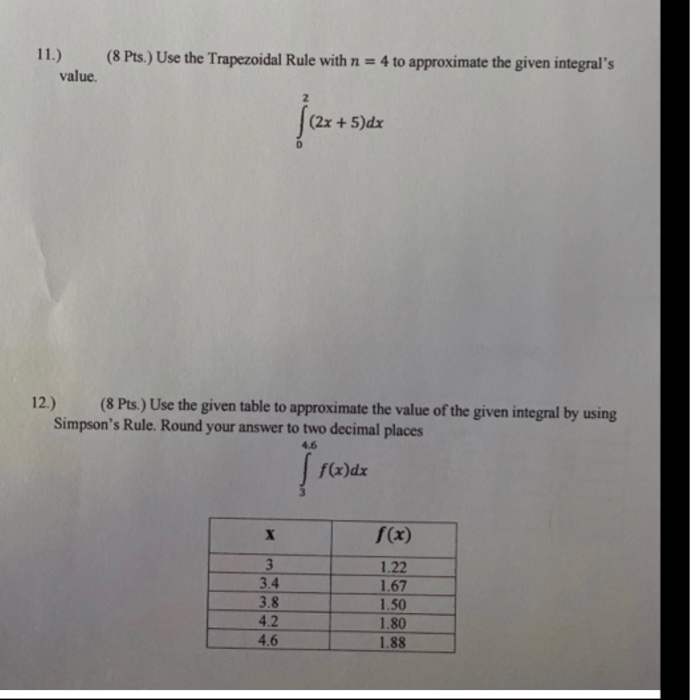 Solved 11.) (8 Pts. Use the Trapezoidal Rule with n = 4 to | Chegg.com