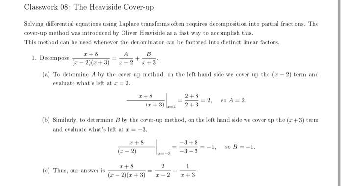 Solved Classwork 08: The Heaviside Cover-up Solving | Chegg.com