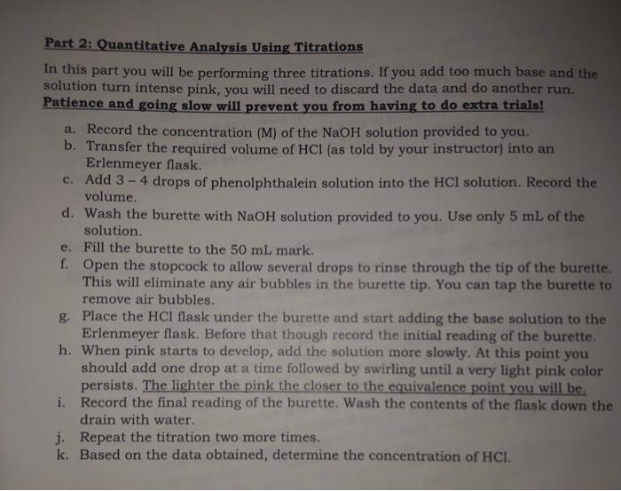 Part 2: Quantitative Analysis Using Titrations In | Chegg.com