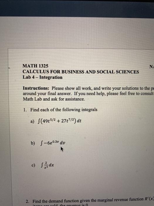 Solved NA MATH 1325 CALCULUS FOR BUSINESS AND SOCIAL | Chegg.com