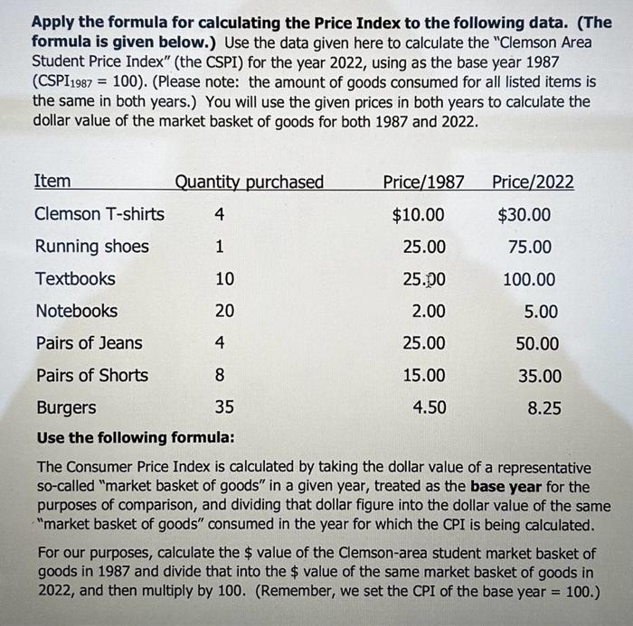 Solved Apply the formula for calculating the Price Index to | Chegg.com