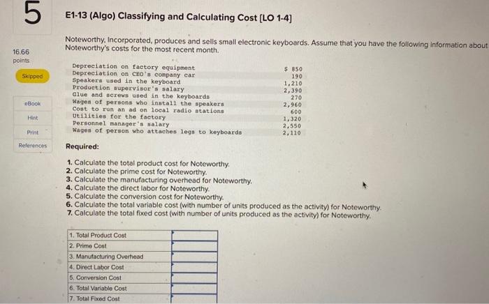 Solved E1-13 (Algo) Classifying and Calculating Cost [LO | Chegg.com