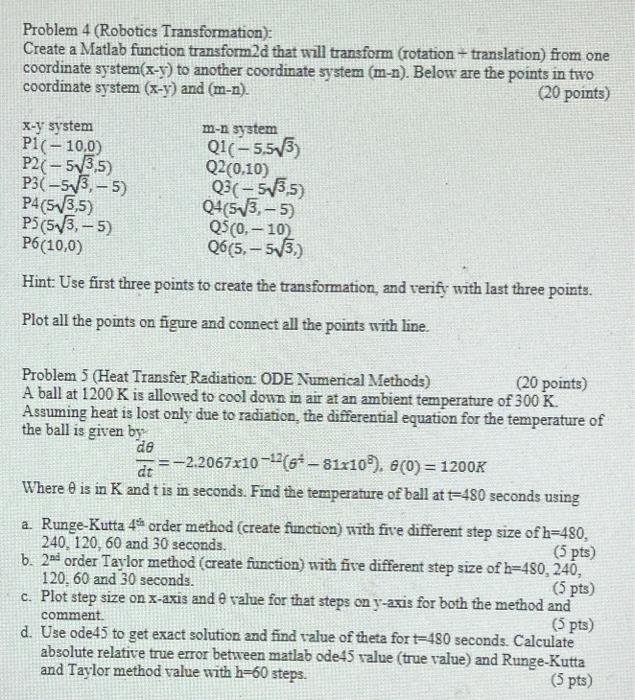 Solved Problem 4 (Robotics Transformation): Create a Matlab | Chegg.com