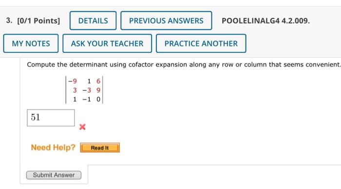 Solved Compute the determinant using cofactor expansion | Chegg.com