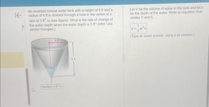 Solved An inverted conical water tank with a height of 8ft | Chegg.com