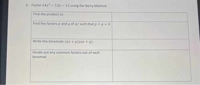 Solved 4. Factor 14x2−13x−12 using the Berry Method Find the | Chegg.com
