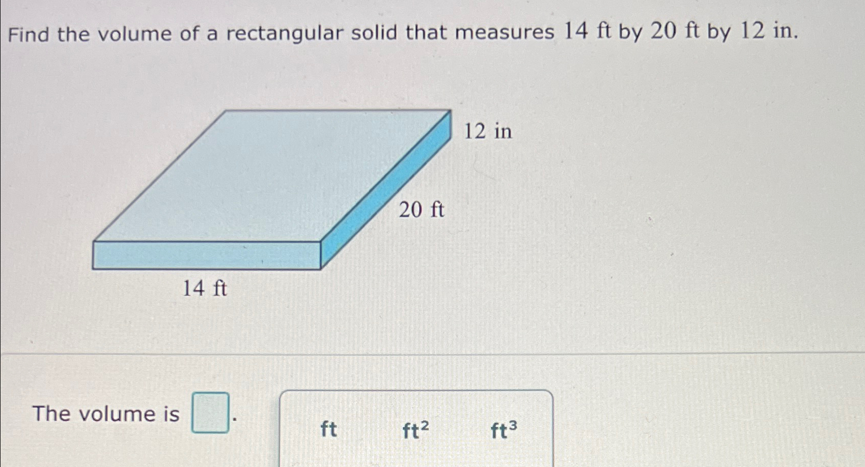 Solved Find the volume of a rectangular solid that measures | Chegg.com