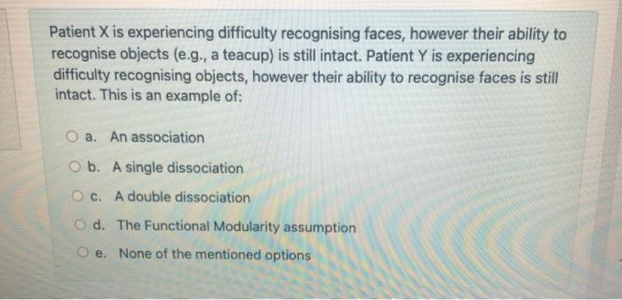 Solved Patient X is experiencing difficulty recognising | Chegg.com