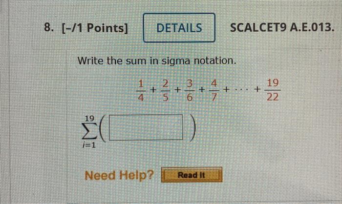 Solved SCALCET9 A.E.013. Write the sum in sigma notation. | Chegg.com