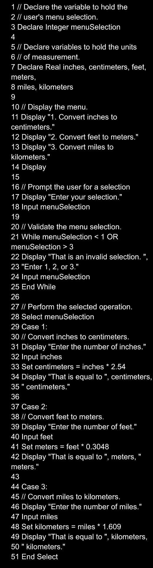 Solved 1// Declare the variable to hold the 2 // user's menu | Chegg.com