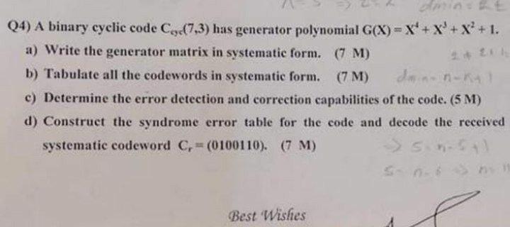Solved + (4) A binary cyclic code Cyc(7,3) has generator | Chegg.com