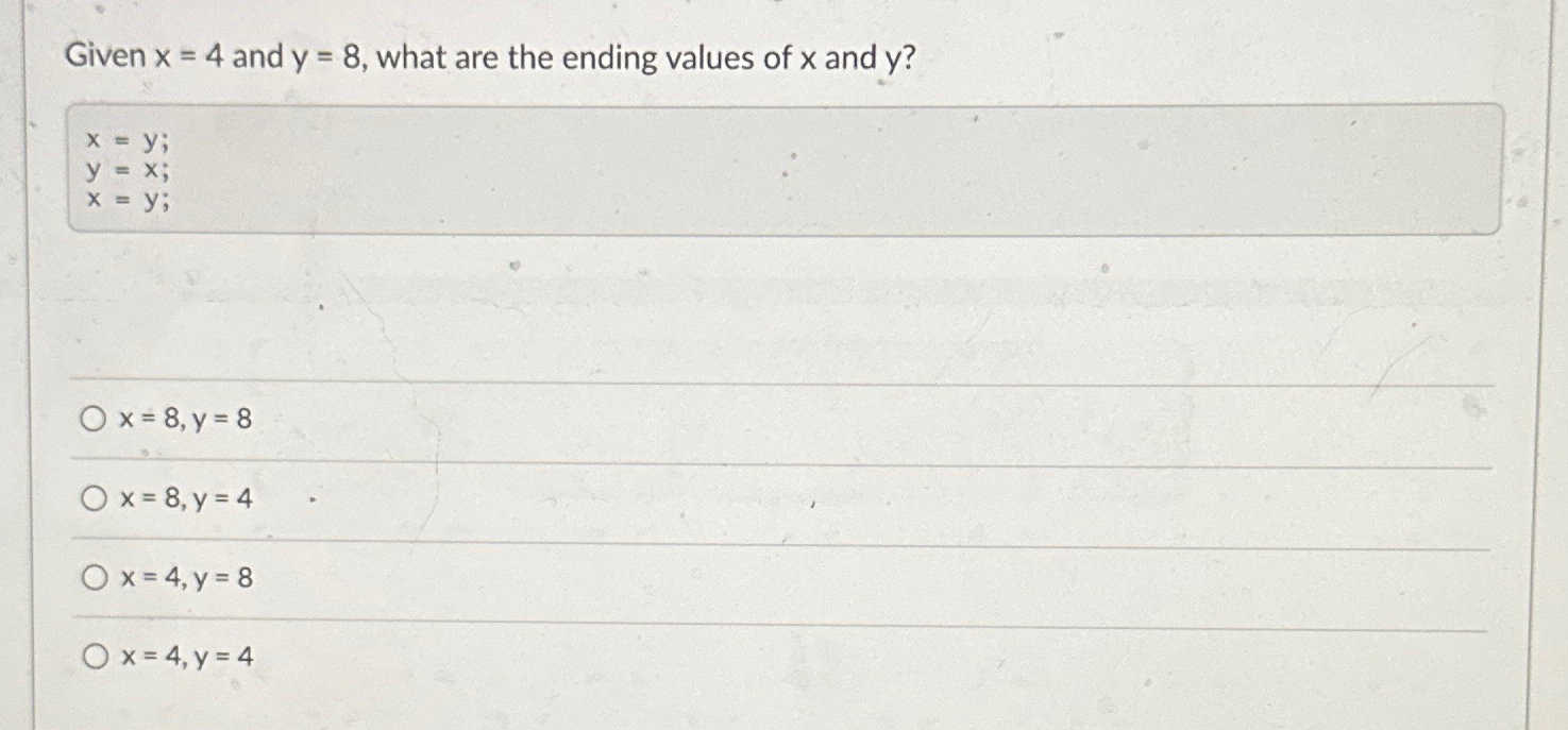 Solved Given x=4 ﻿and y=8, ﻿what are the ending values of x | Chegg.com