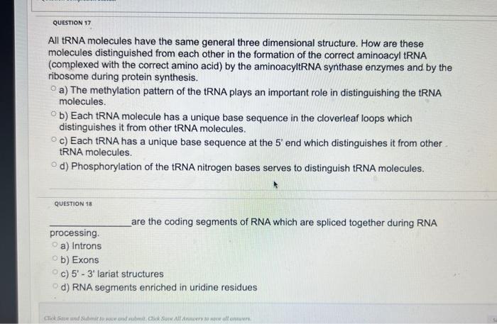 Solved All tRNA molecules have the same general three | Chegg.com