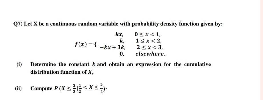Q7) ﻿Let x ﻿be a continuous random variable with | Chegg.com